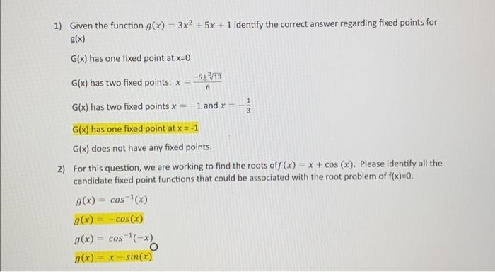 Solved 1) Given the function g(x)=3x2+5x+1 identify the | Chegg.com