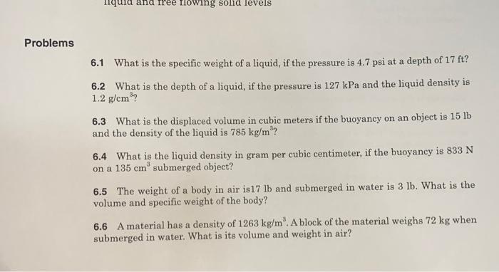 Solved Problems liquid and free flowing solid levels 6.1 | Chegg.com
