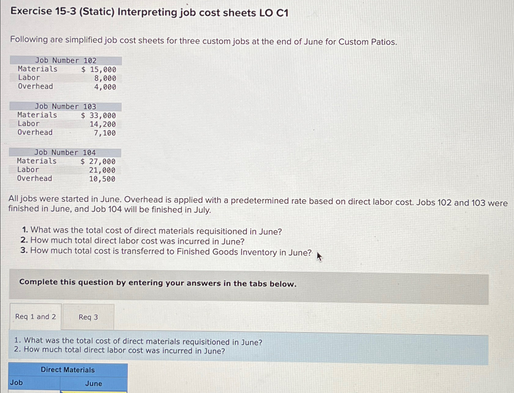 Solved Exercise 15-3 (Static) ﻿Interpreting job cost sheets | Chegg.com