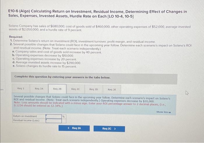 Solved E10-6 (Algo) Calculating Return on Investment, | Chegg.com