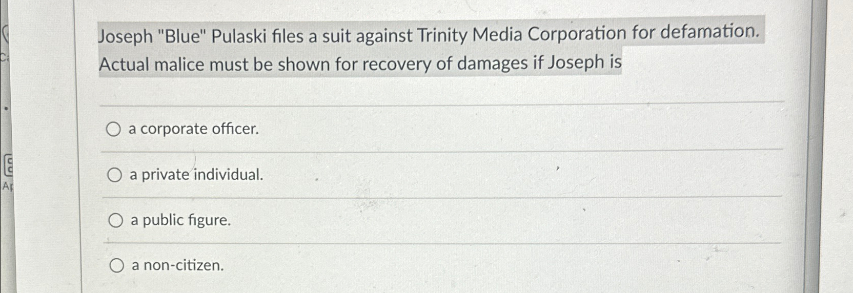 Solved Joseph "Blue" Pulaski files a suit against Trinity | Chegg.com
