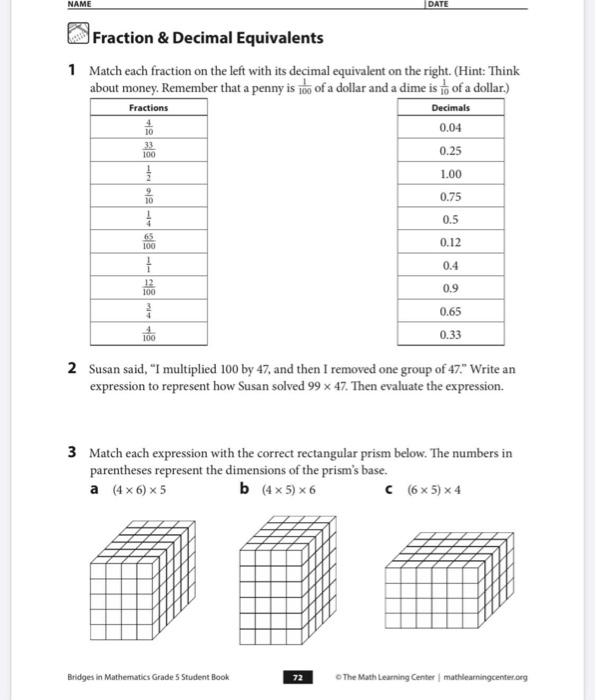 Solved NAME DATE Fraction & Decimal Equivalents 1 Match each | Chegg.com
