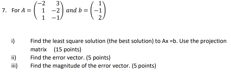 Solved For A=([-2,3],[1,-2],[1,-1]) ﻿and b=([1],[-1],[2])i) | Chegg.com