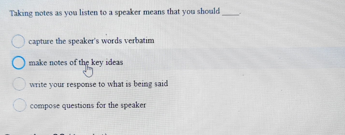 Taking notes as you listen to a speaker means that | Chegg.com