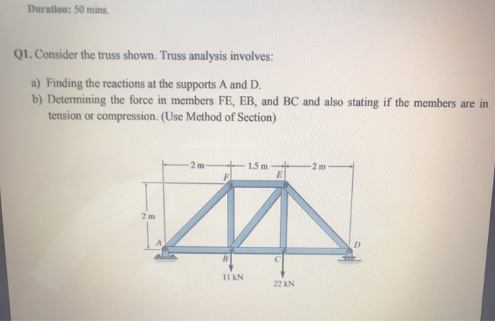 Solved Duration: 50 mins Q1. Consider the truss shown. Truss | Chegg.com