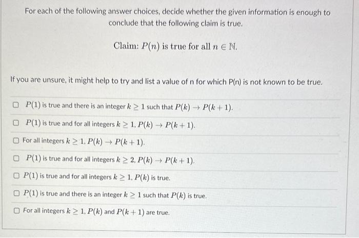 Solved For each of the following answer choices, decide | Chegg.com