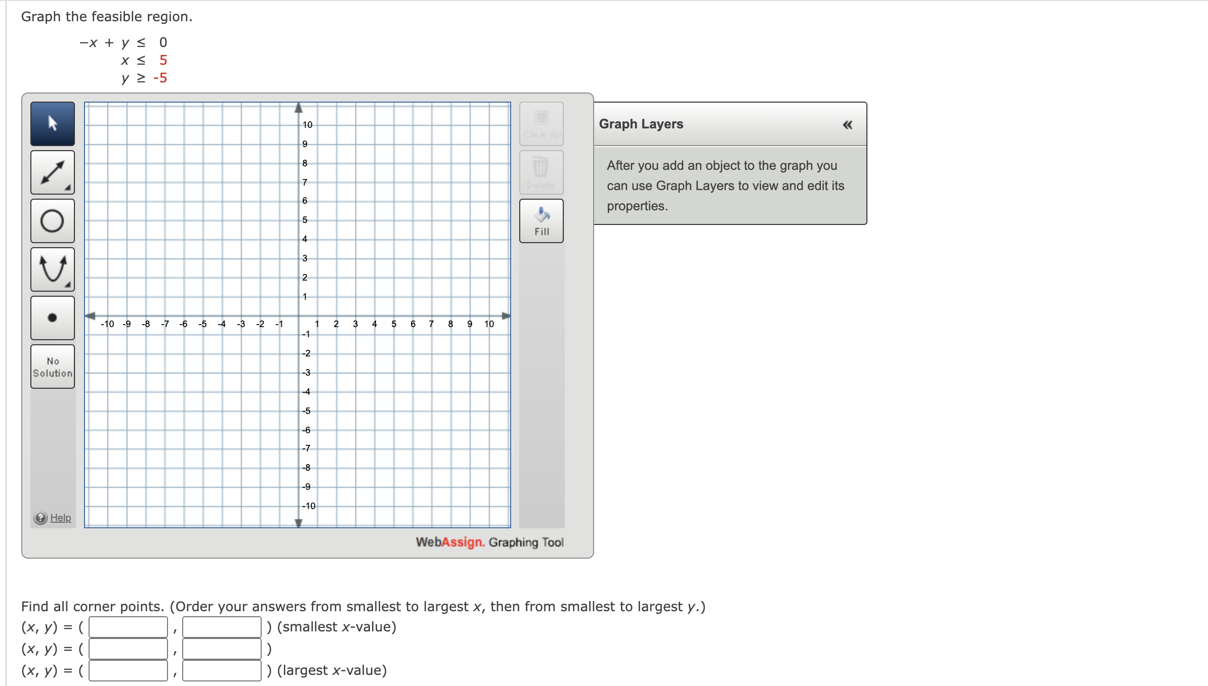 Solved Graph the feasible region.-x+y≤,0x≤5y>,-5Graph Layers | Chegg.com