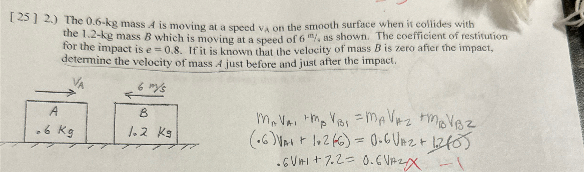 Solved [25] 2.) ﻿The 0.6-kg ﻿mass A ﻿is moving at a speed vA | Chegg.com