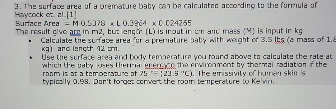 3. The surface area of a premature baby can be | Chegg.com