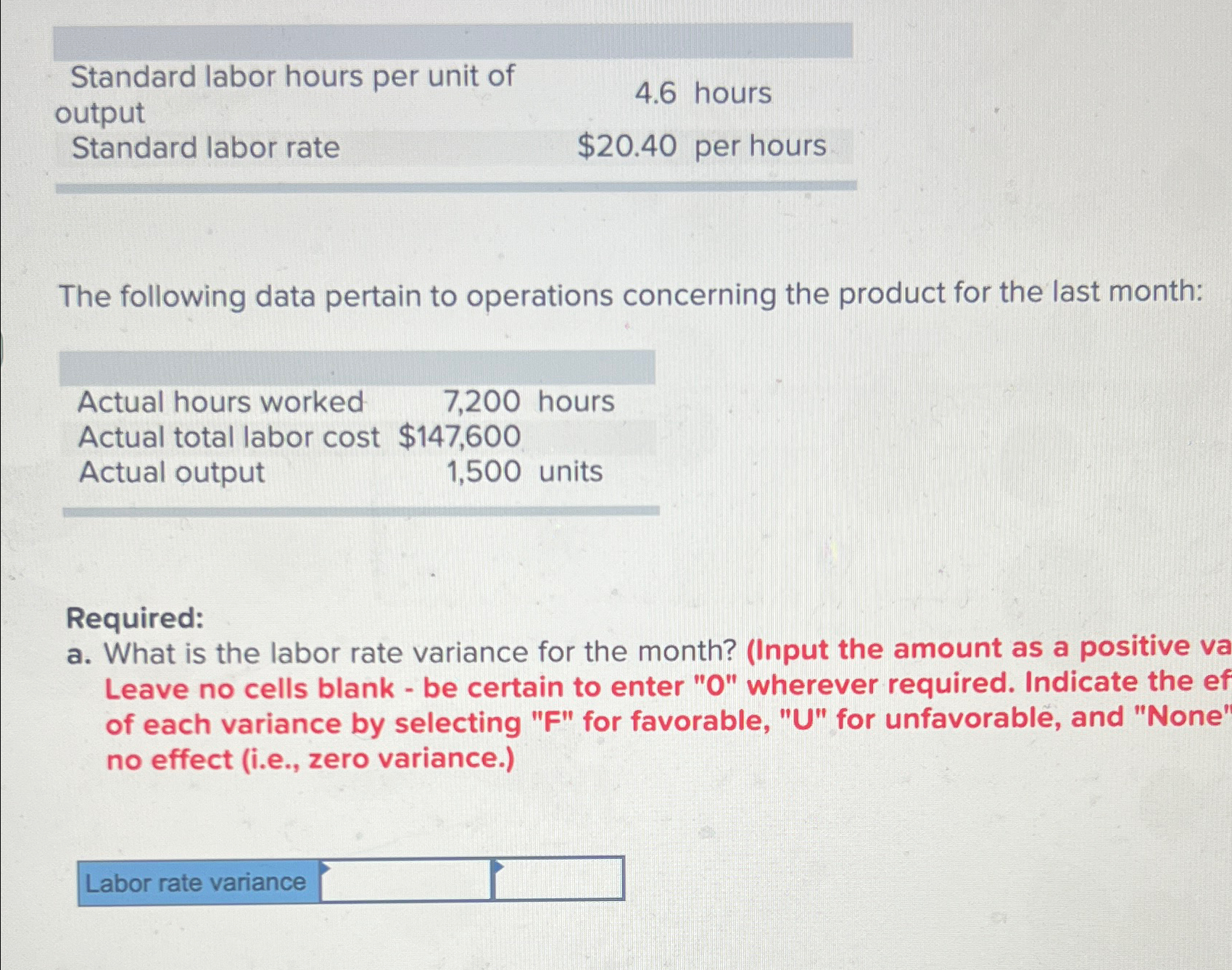 Solved Standard labor hours per unit of outputStandard labor | Chegg.com