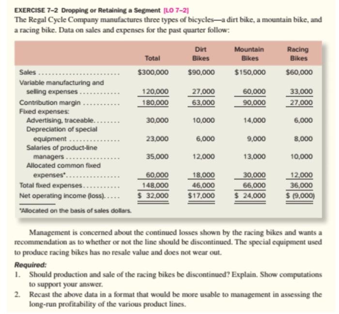 Solved EXERCISE 7-2 Dropping or Retaining a Segment [LO 7-2] | Chegg.com