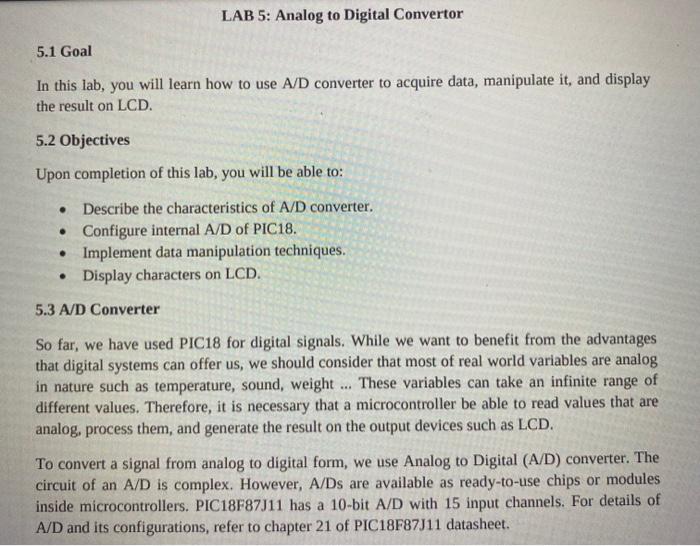 Solved LAB 5: Analog to Digital Convertor 5.1 Goal In this | Chegg.com