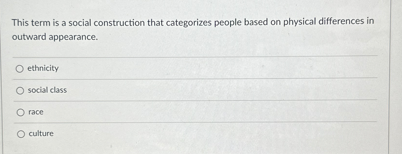 Solved This term is a social construction that categorizes | Chegg.com