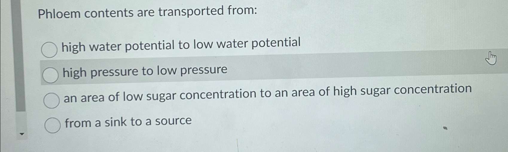 Solved Phloem contents are transported from:high water | Chegg.com