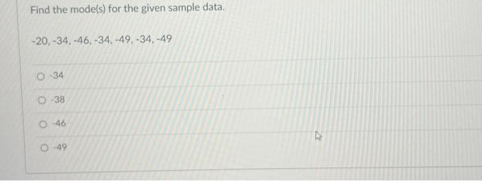 Solved Find the mode(s) for the given sample data. -20, | Chegg.com