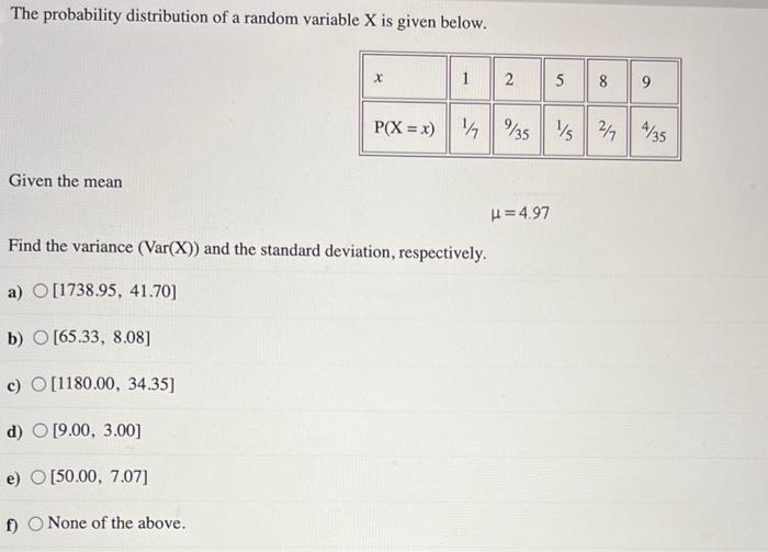 Solved The probability distribution of a random variable X | Chegg.com