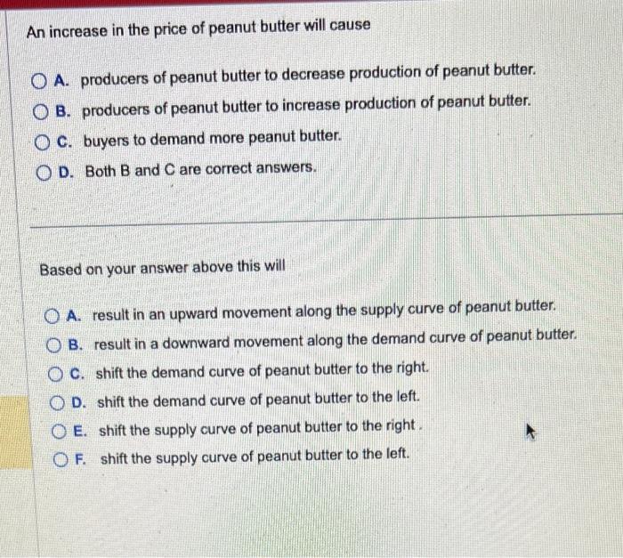 Solved An increase in the price of peanut butter will cause | Chegg.com