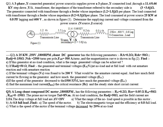 Q1) A 3-phase , Y-connected generator power source)is | Chegg.com