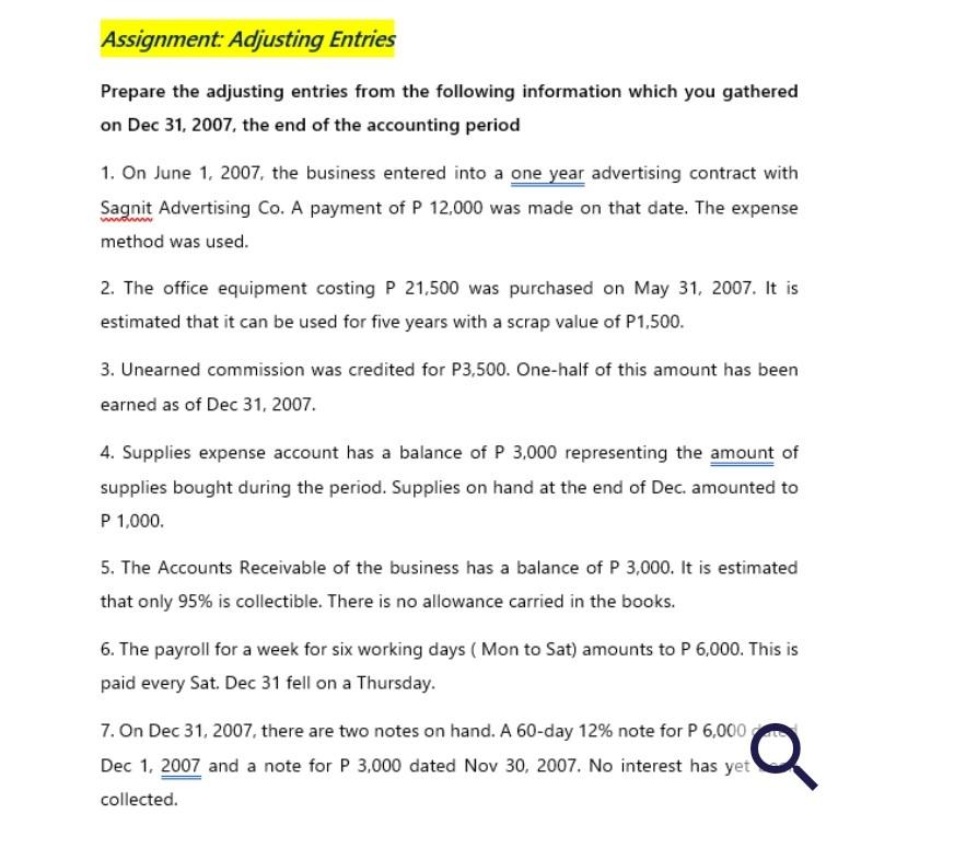 Solved Assignment: Adjusting Entries Prepare the adjusting | Chegg.com