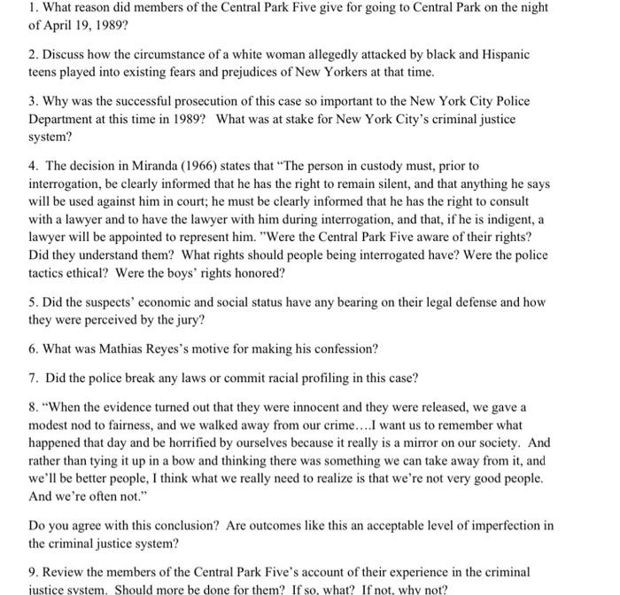 1. What reason did members of the Central Park Five | Chegg.com