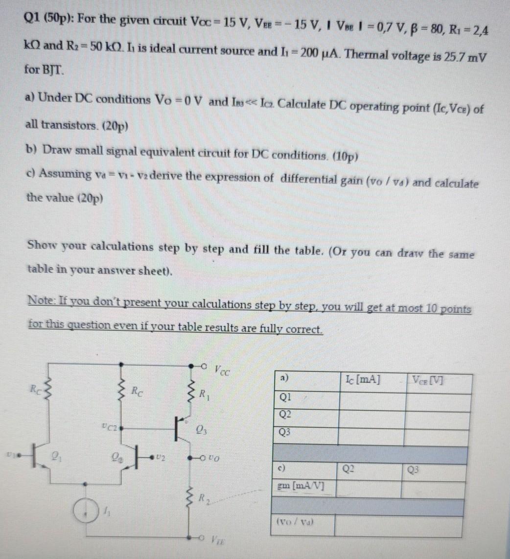 Solved Q1 (50p): For the given circuit Voc=15 V, Vee = - 15 | Chegg.com