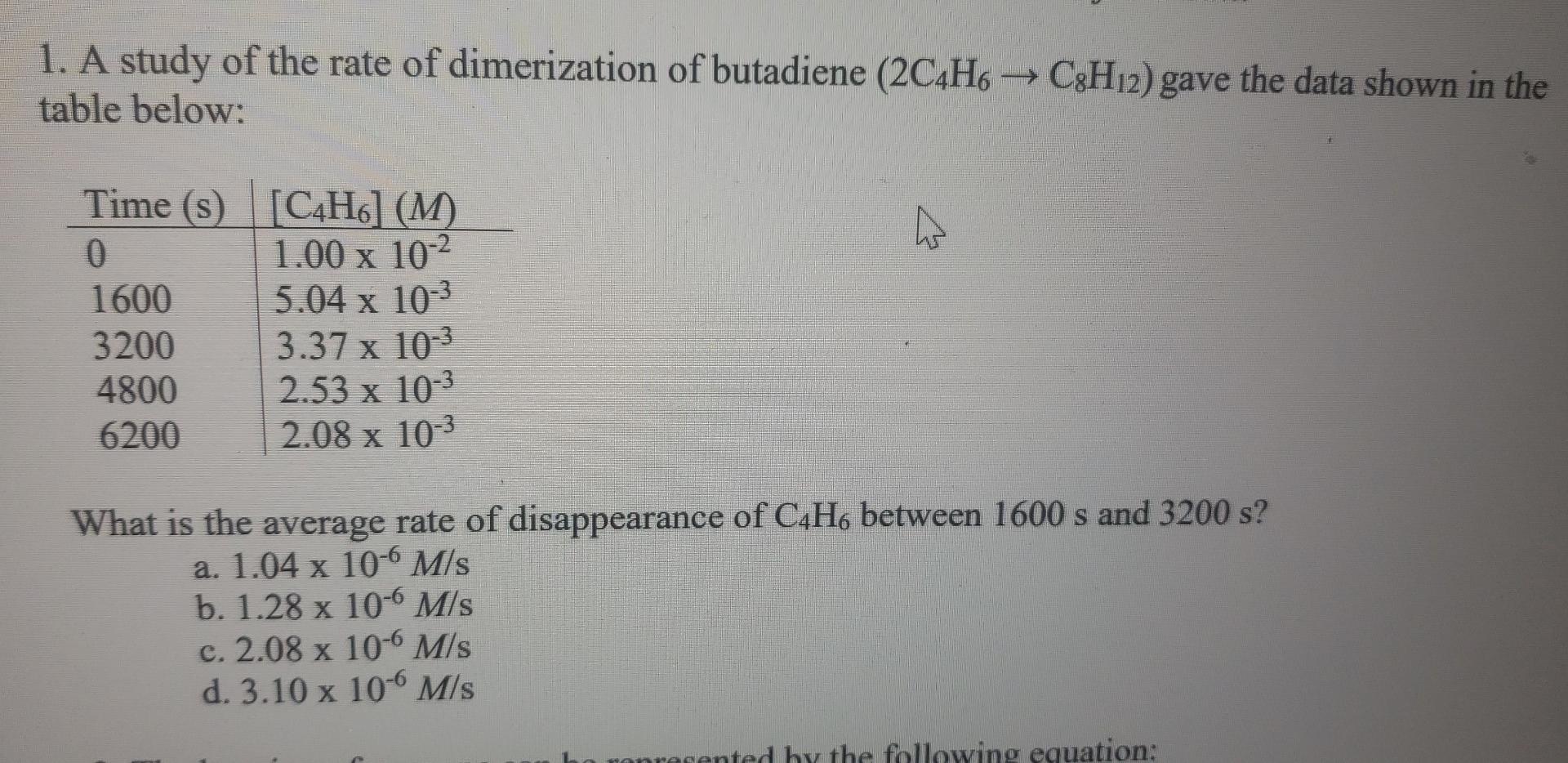 Solved 1. A study of the rate of dimerization of butadiene | Chegg.com