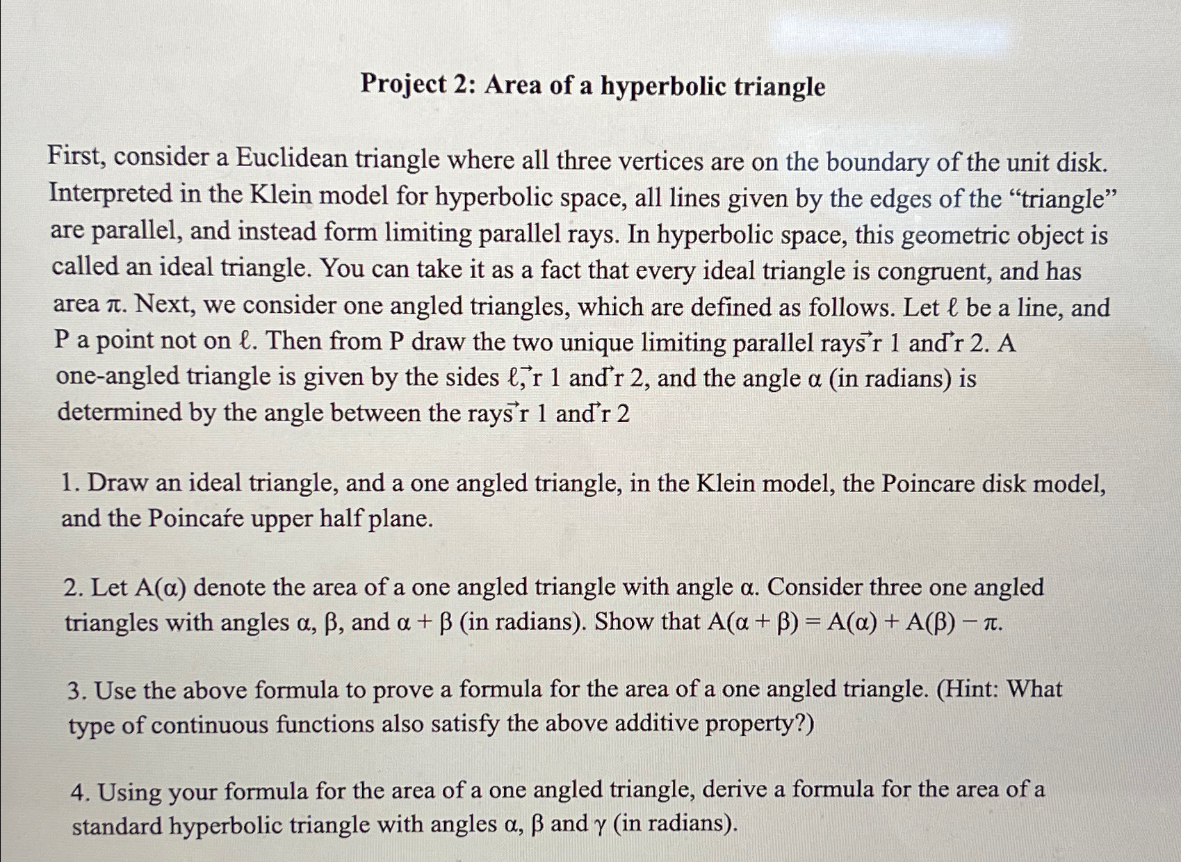 Project 2: Area of a hyperbolic triangleFirst, | Chegg.com