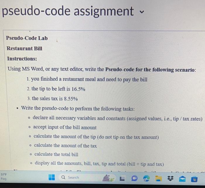 Solved pseudo-code assignment v Pseudo-Code Lab Restaurant | Chegg.com