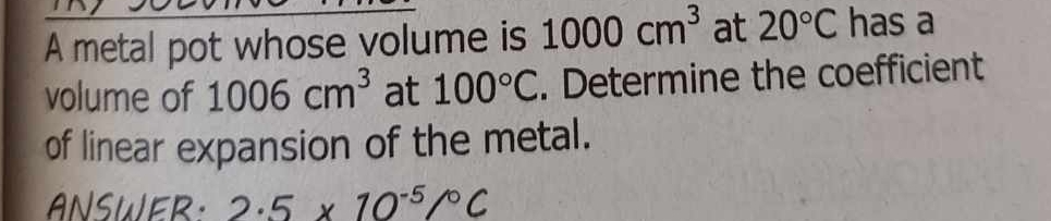 Solved A metal pot whose volume is 1000cm3 ﻿at 20°C ﻿has | Chegg.com