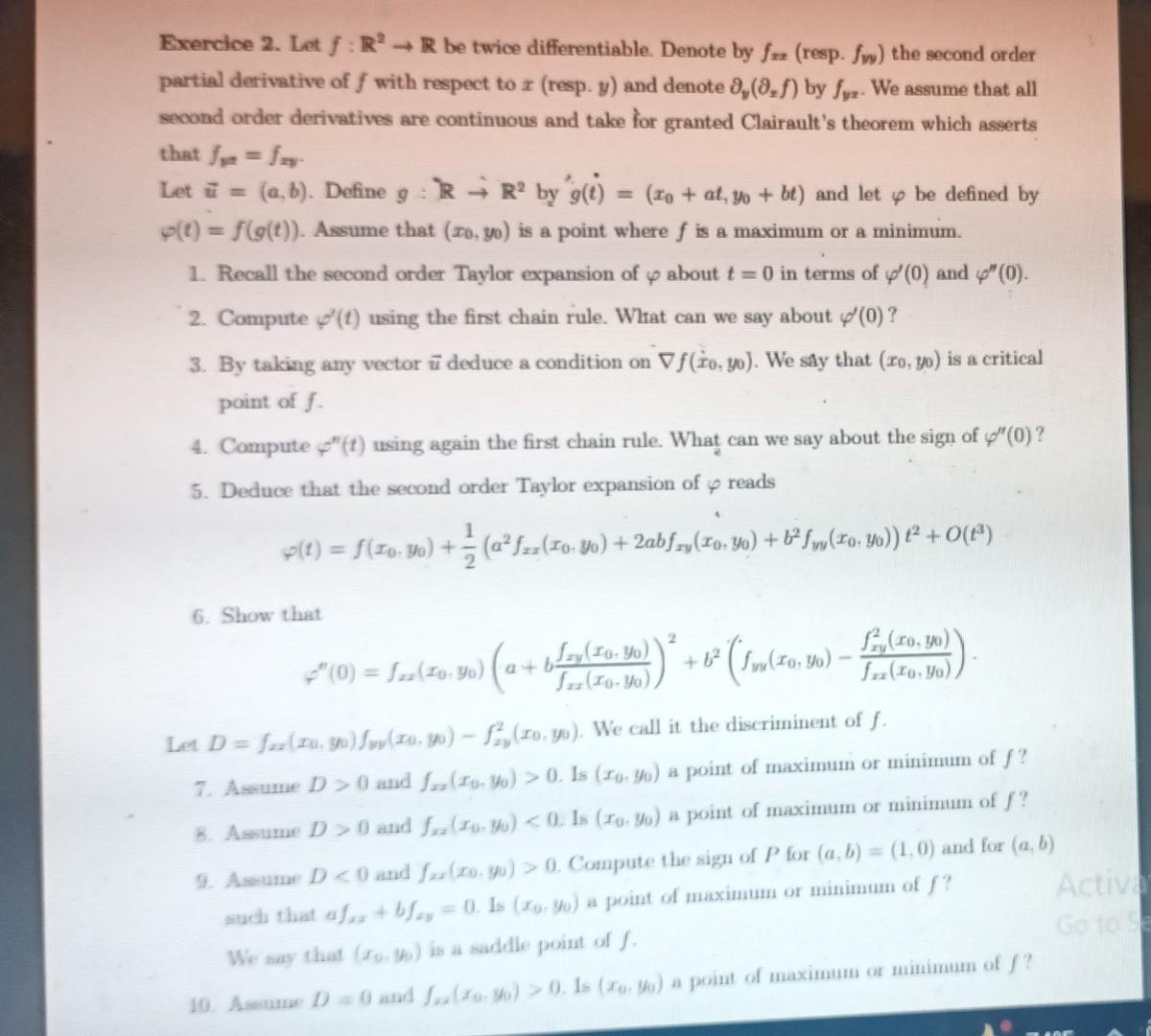 Solved Excercice 2 Let F R2→r Be Twice Differentiable