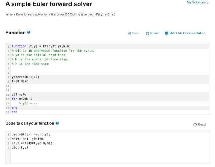 Solved A simple Euler forward solver Function 0 Code to call | Chegg.com