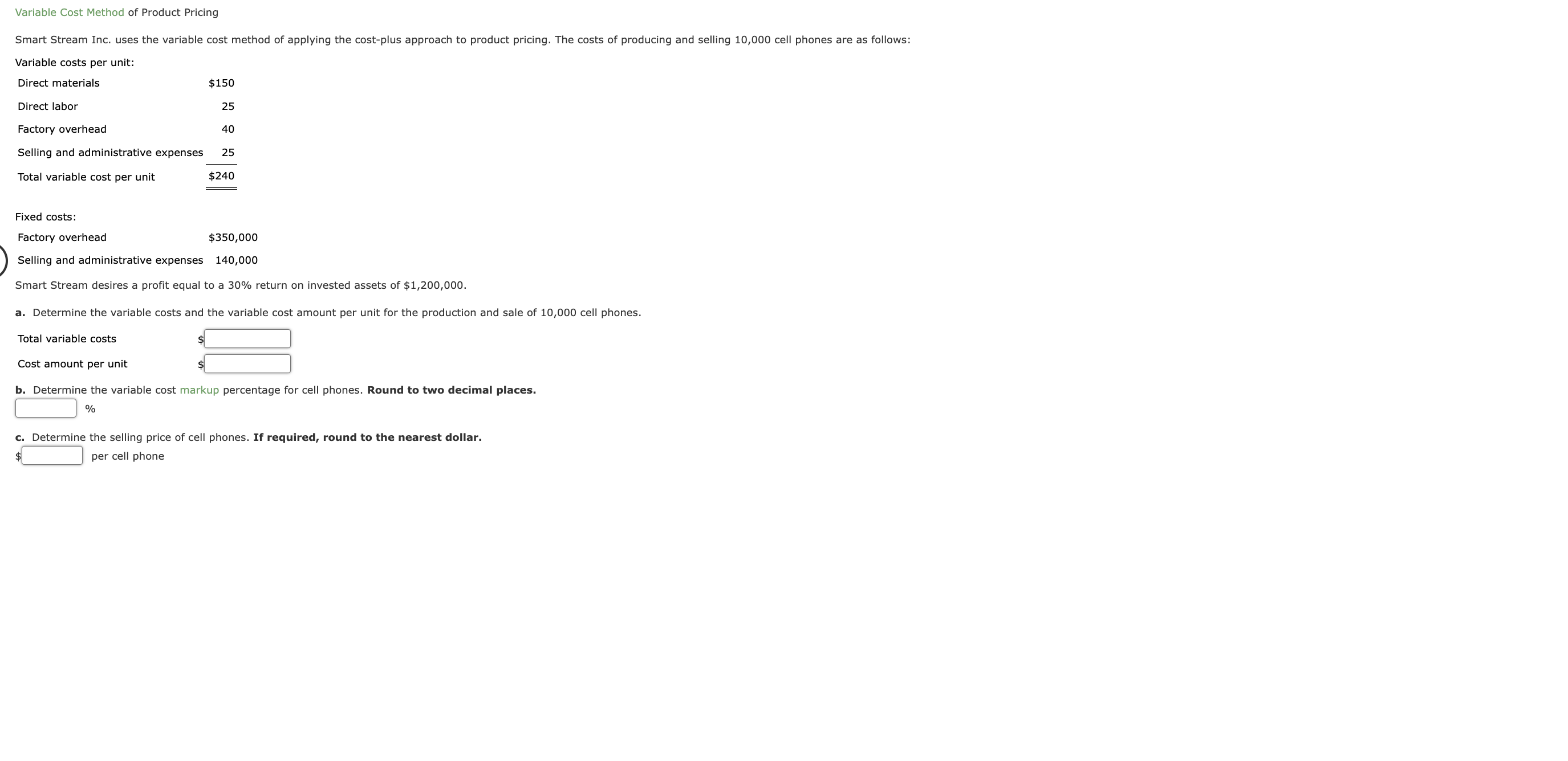 Solved Variable Cost Method of Product PricingSmart Stream | Chegg.com