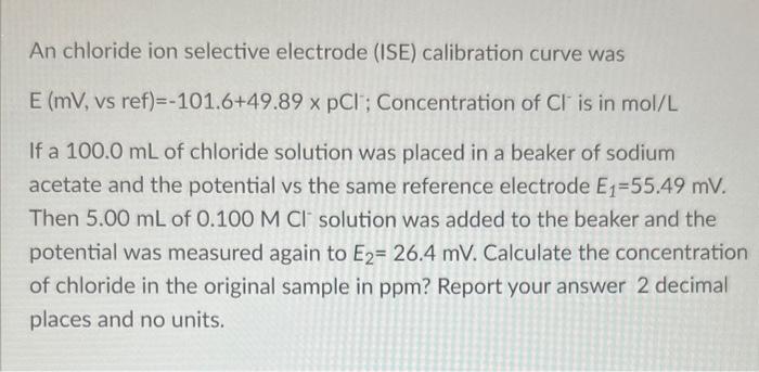 Solved An chloride ion selective electrode (ISE) calibration | Chegg.com