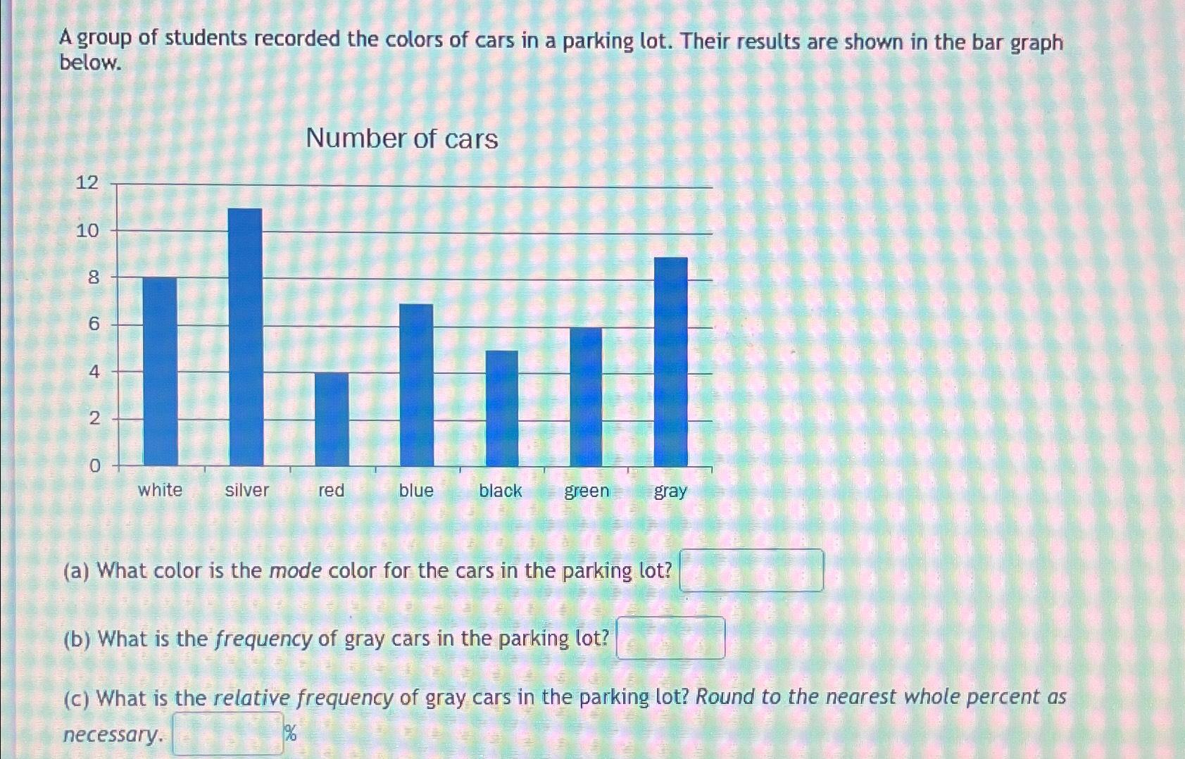 Solved A group of students recorded the colors of cars in a | Chegg.com