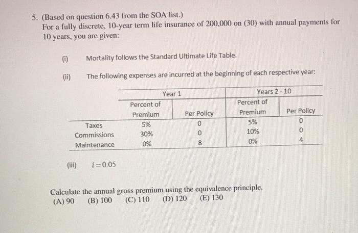 Solved 5. (Based on question 6.43 from the SOA list.) For a | Chegg.com