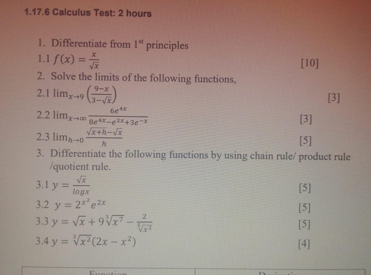 Solved 1. Differentiate from 1st principles 1.1f(x)=xx [10] | Chegg.com