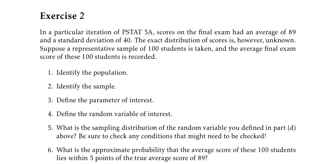 Solved Exercise 2In a particular iteration of PSTAT 5A, | Chegg.com