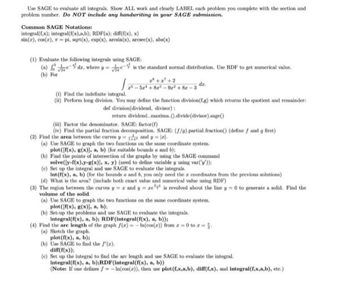 Use SAGE to evaluate all integrals. Show ALL, work | Chegg.com