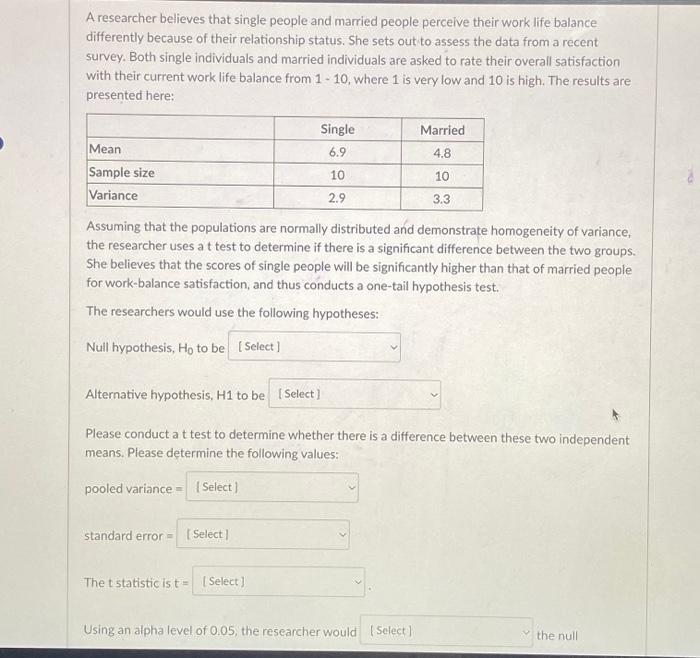 Solved A researcher believes that single people and married | Chegg.com