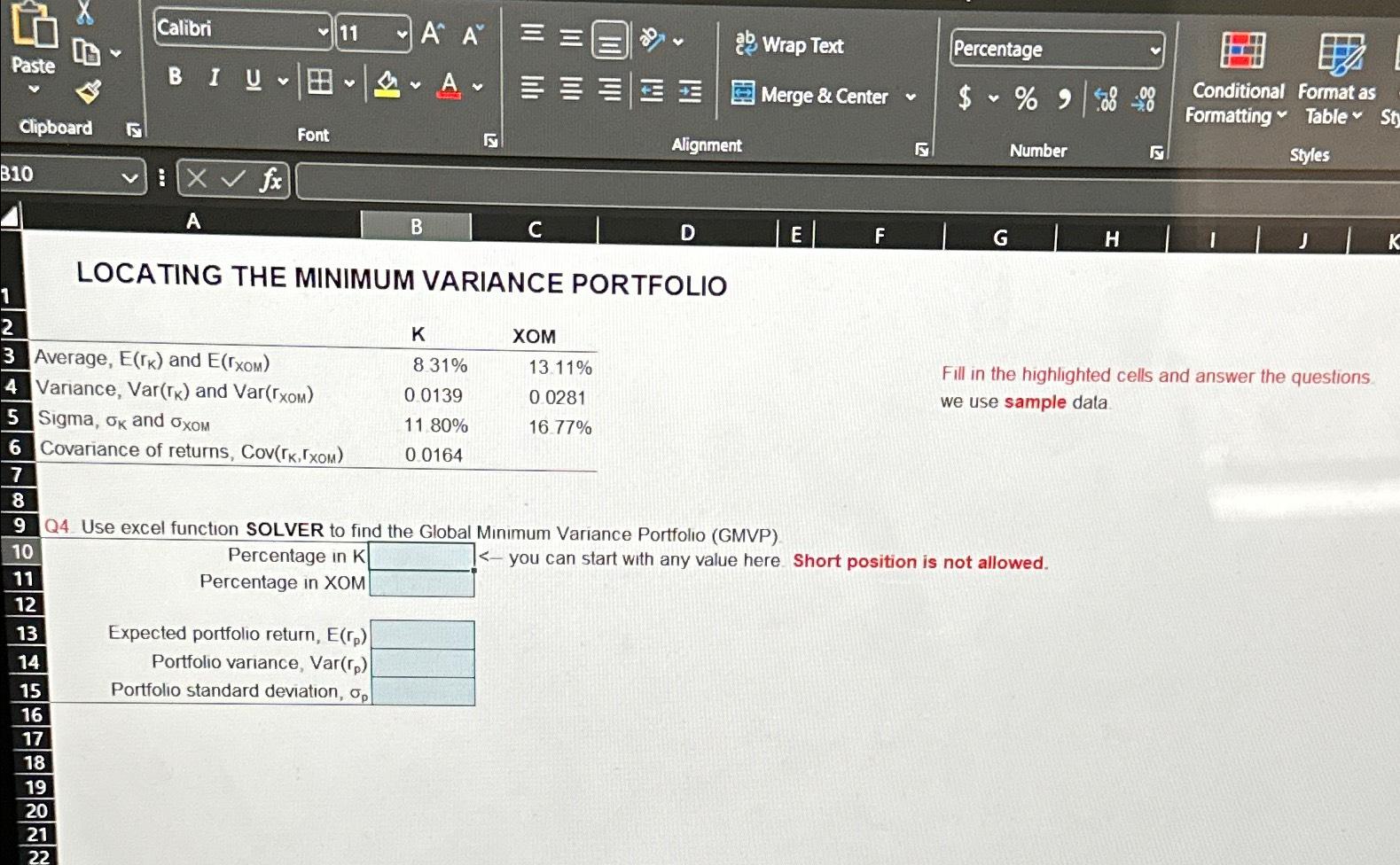 Solved LOCATING THE MINIMUM VARIANCE PORTFOLIOFill in the | Chegg.com
