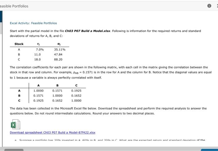 Excel Activity: Feasible Portfolios Start with the | Chegg.com