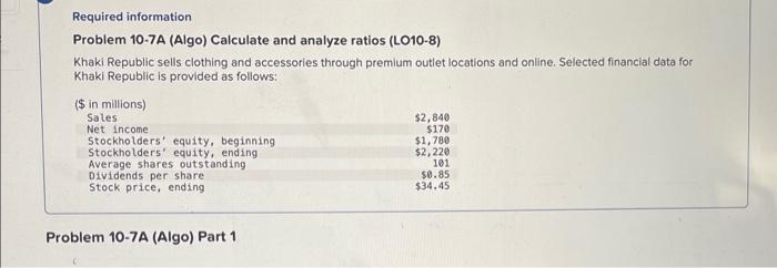 Solved Required information Problem 10-7A (Algo) Calculate | Chegg.com