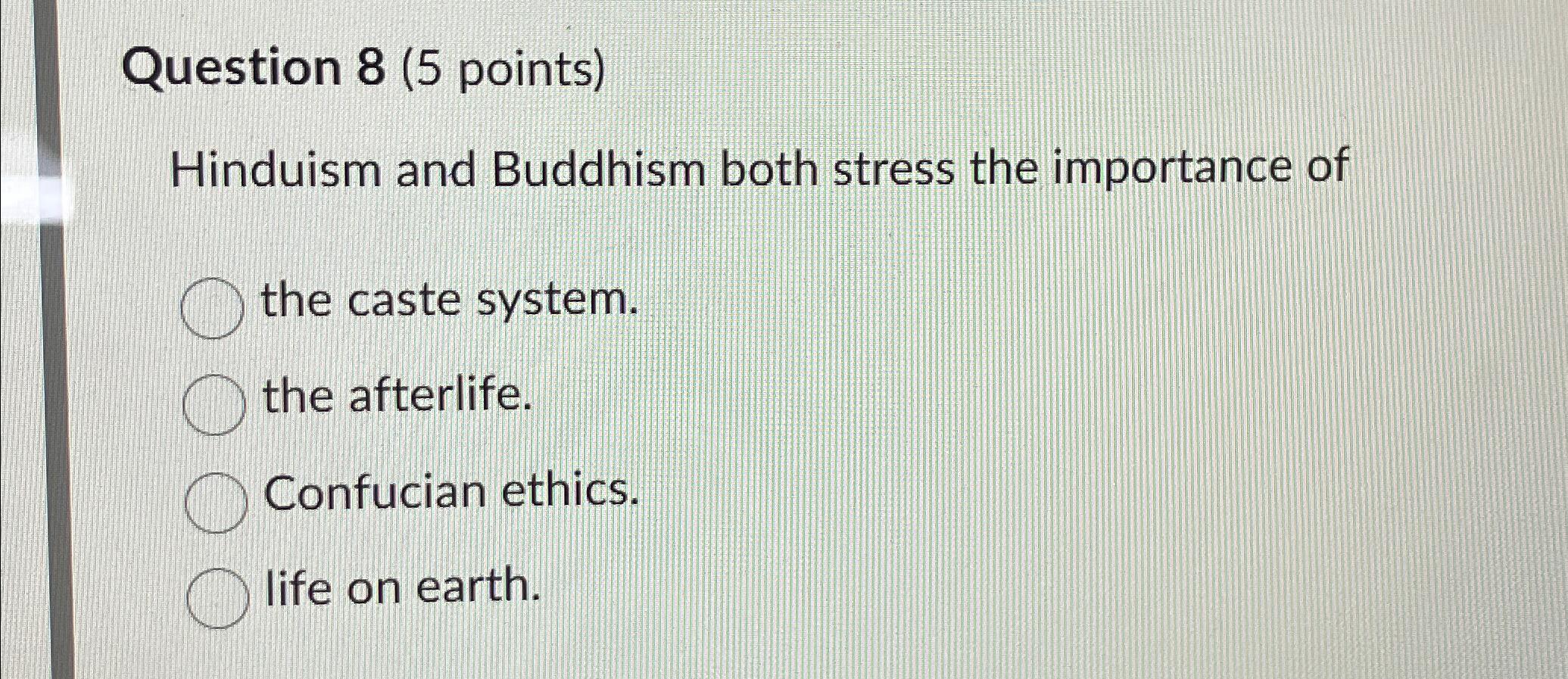 Solved Question 8 (5 ﻿points)Hinduism and Buddhism both | Chegg.com