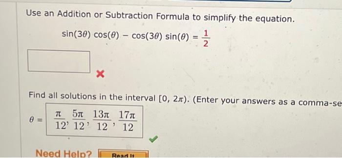 Solved Use an Addition or Subtraction Formula to simplify | Chegg.com