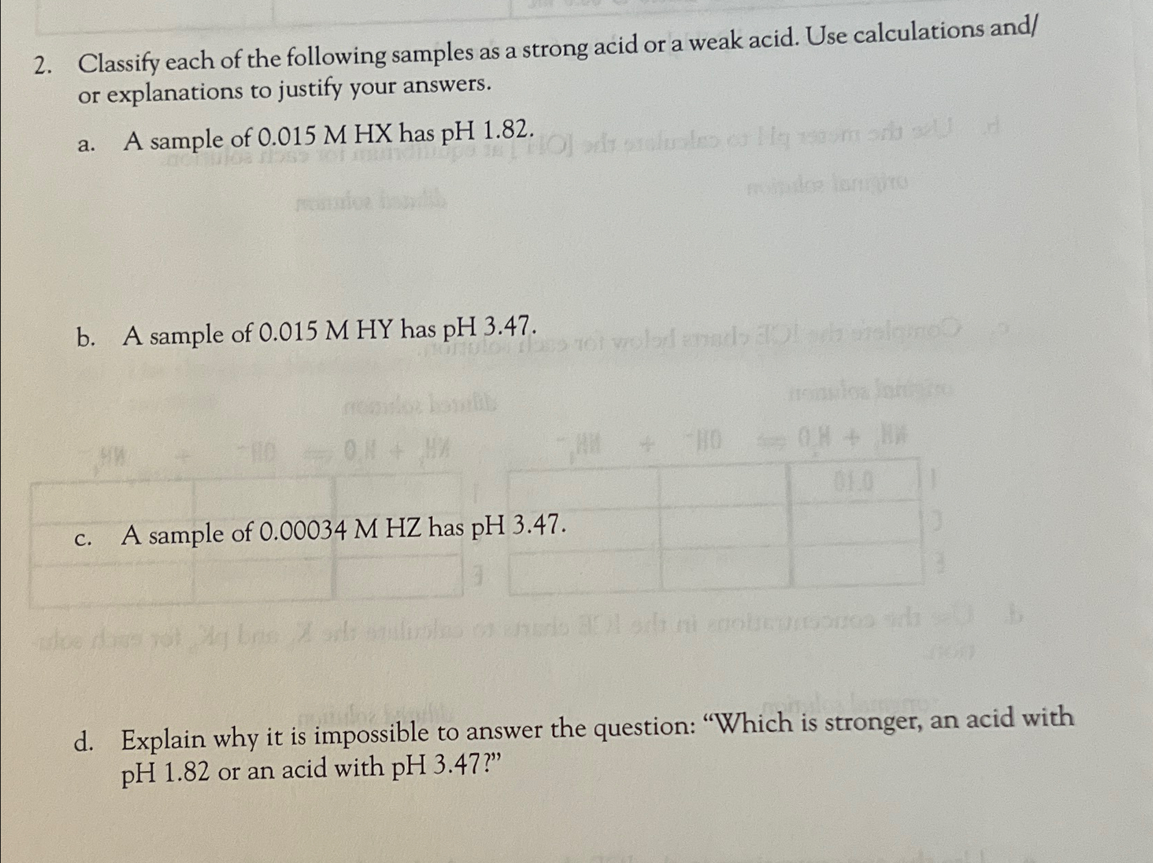 Solved Classify each of the following samples as a strong | Chegg.com