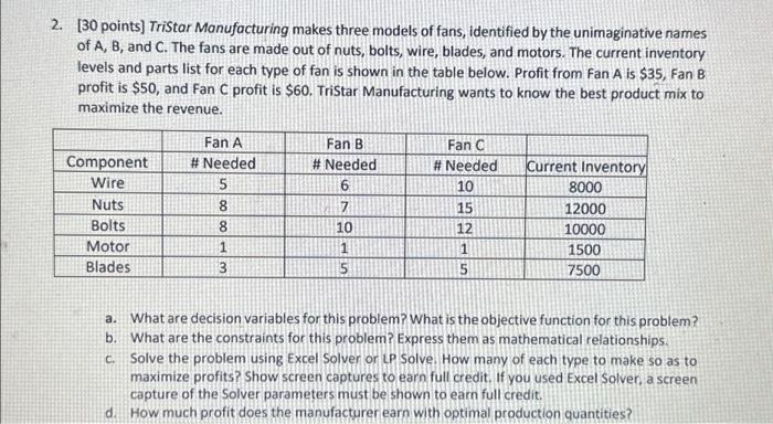 Solved 2. [30 points] TriStar Manufacturing makes three | Chegg.com