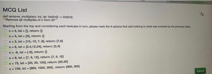 Solved 18 MCQ List def remove multiple(x:int, Ist: list[int) | Chegg.com