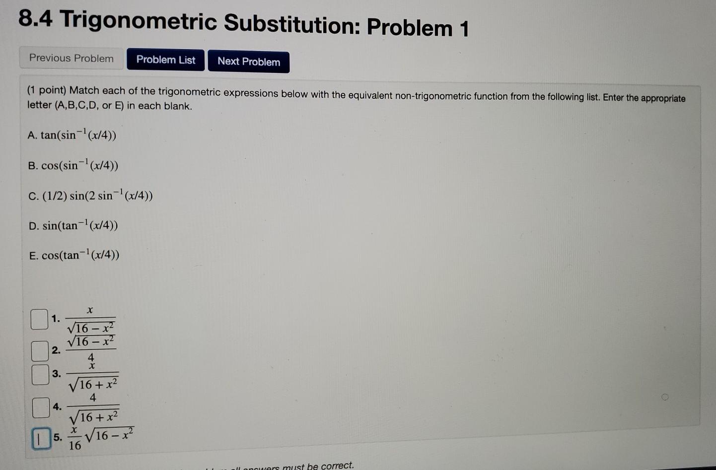 Solved 8.4 Trigonometric Substitution: Problem 1 Previous | Chegg.com