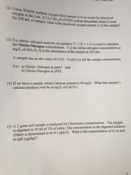 (2) Using Winkler method, oxygen fixed sample oxygen | Chegg.com
