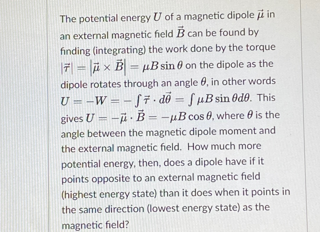 Solved The potential energy U ﻿of a magnetic dipole vec(μ) | Chegg.com
